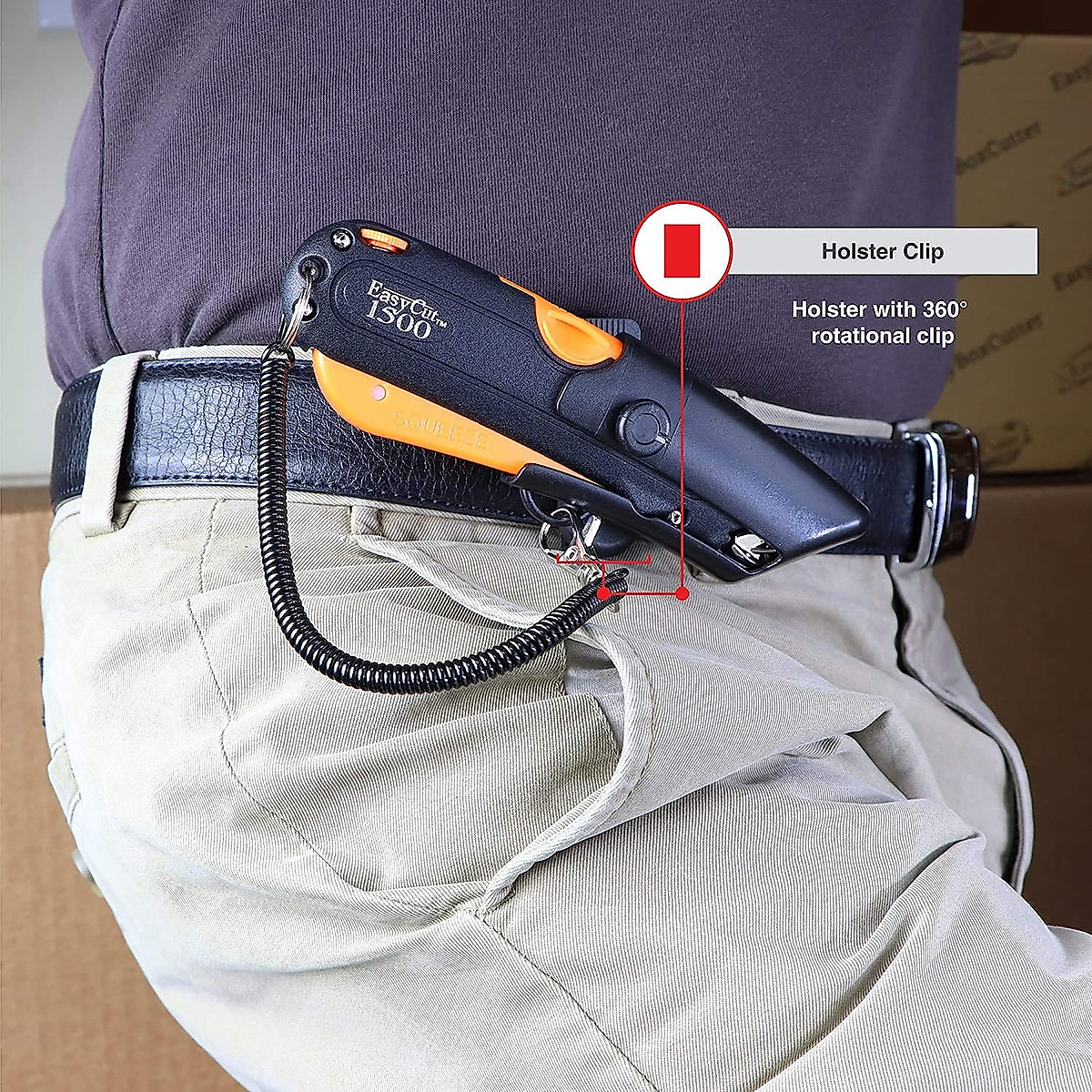 Modern Box Cutter, Squeeze Trigger and Edge Guides, Holster, Lanyard, Extra Blade - 1500 Orange