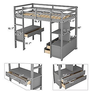 Harper & Bright Designs Twin Size Loft Bed with Desk and Storage, Solid Wood Twin Loft Bed with Storage Shelves and Drawers for Girls Boys Teens Adults,No Box Spring Needed (Twin,Grey)