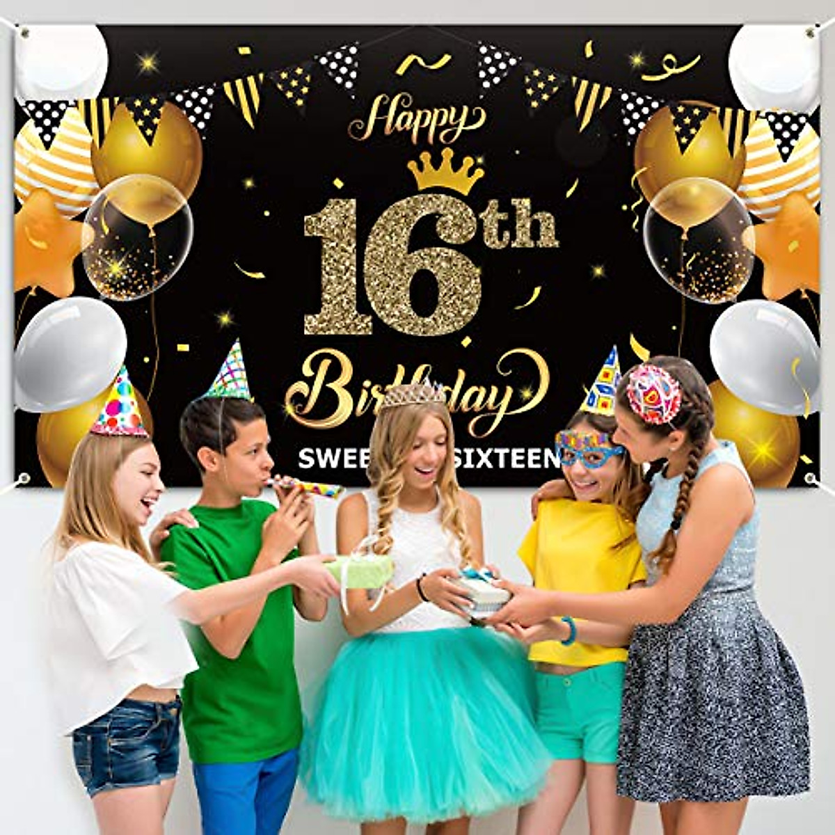 WATINC Happy 16th Birthday Backdrop Banner Background Banners 78” x 45” XtraLarge Backdrops Balloons Black Gold Party Decorations Supplies for Indoor Outdoor Photo Booth Props