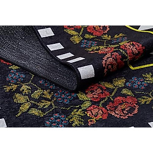 BESPOKY Noginsk Black Floral, Cotton Polyester Area Rug, Machine Washable Rug, Non Slip Rug, Living Room, Bedroom, Nursery, Hallway, Corridor, Rug, Indoor Outdoor Area Rug