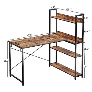 CubiCubi Computer Corner Desk with Storage Shelves, 47 Inch Reversible L Shaped Desk with Bookshelf, Home Office Writing Desk with Hooks, Small L Study Table, Rustic Brown