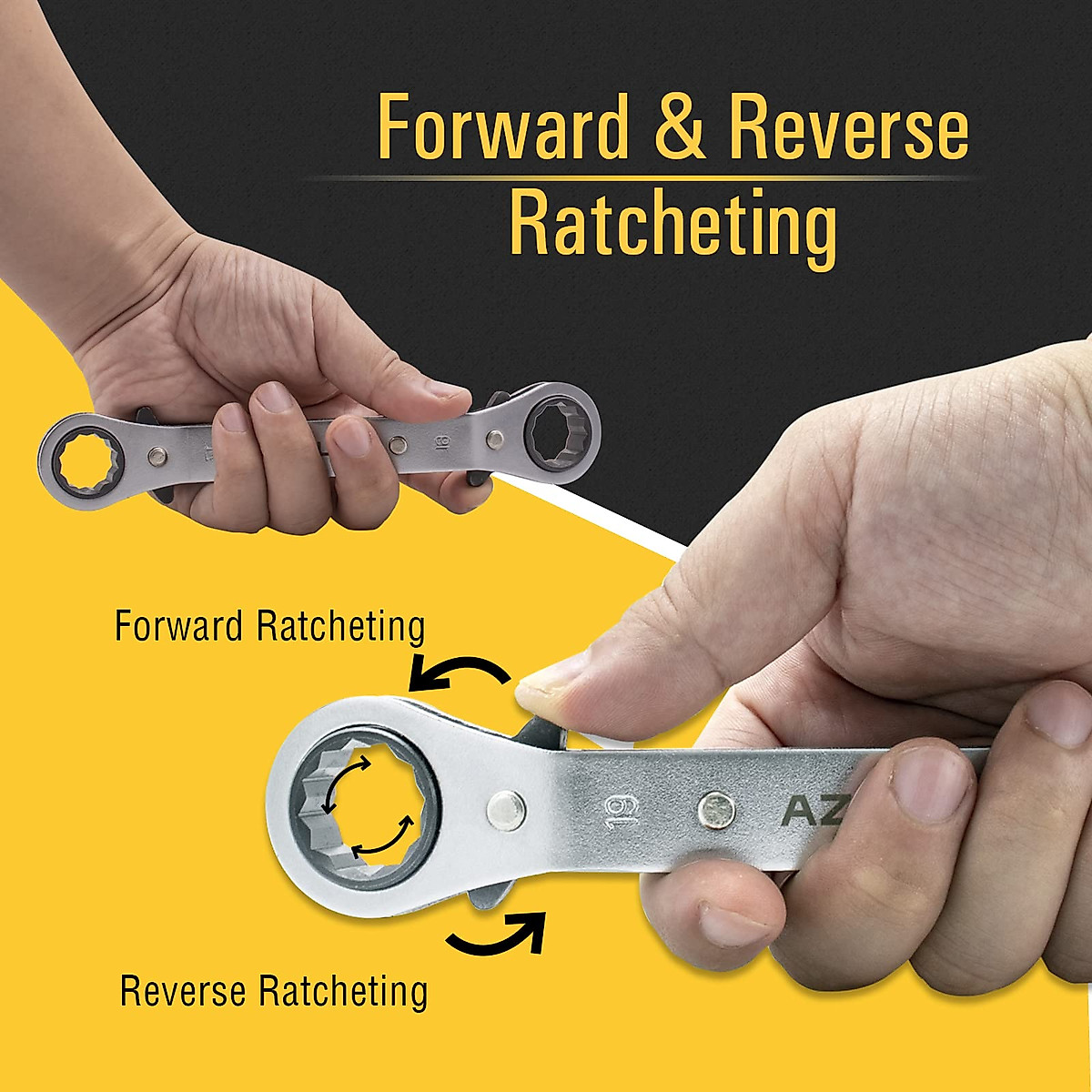 AZUNO 6 pcs Double Offset Box End Reversible Ratcheting Wrench Set, Metric, Ratchet Spanner Crooked for Narrow Spaces