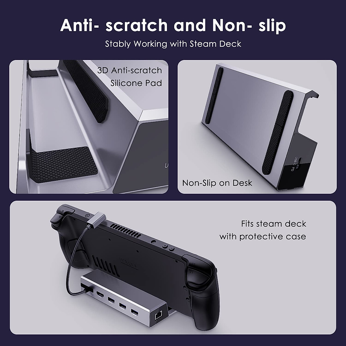 Docking Station for ASUS ROG Ally & Steam Deck, 6 in 1 Steam Deck Dock Stand -HDMI 2.0 4k@60Hz Gigabit Ethernet 3 USB 3.0 Port and USB-C PD Port