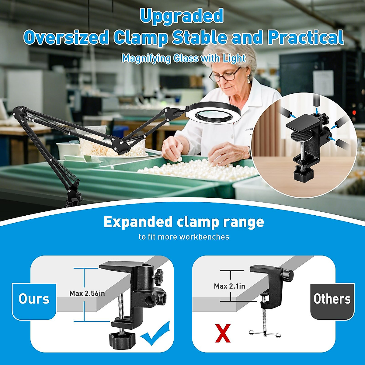 LED Magnifying Lamp with Clamp, 10X Real Glass Lens, 3 Color Modes and Stepless Dimmable Magnifier Desk Lamp,Adjustable Swivel Arm Lighted Magnifying Glass for Repair Craft Close Work-Black