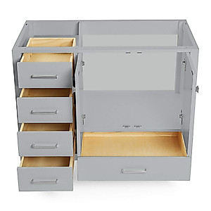 ARIEL 42" Grey Bathroom Vanity Base Cabinet, Right Offset Sink Configuration, 2 Soft Closing Doors, 9 Full Extension Dovetail Drawers, Brushed Nickel