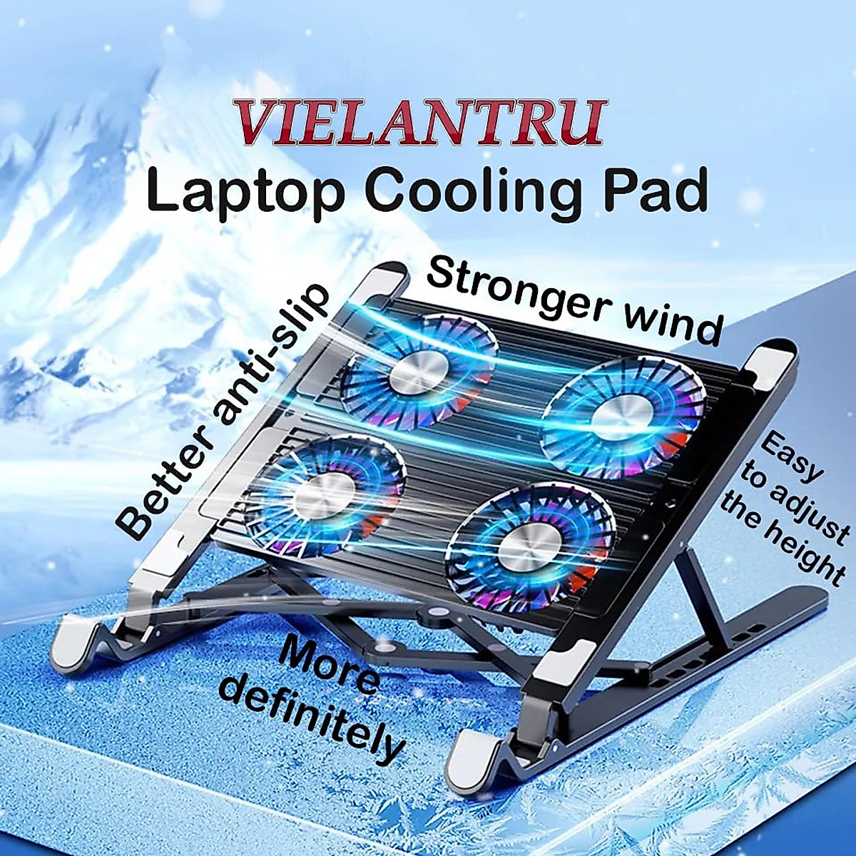 VIELANTRU Laptop Cooling Pad, Laptop Cooler with 4 Quiet Fans with RGB LEDs for Under 17 Inch Notebook Laptop Fan Cooling Pad with Adjustable Height and Type-C Port (Black)