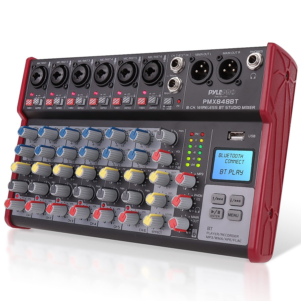 Pyle Professional Wireless DJ Audio Mixer - 8-Channel Bluetooth Compatible DJ Controller Sound Mixer w/USB Port, 6 Mic/Line Input, ¼” Mono/Stereo Input, Headphone Jack, 48V Phantom Power - PMX848BT