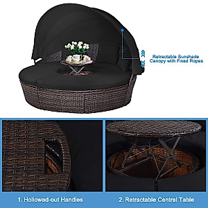 HAPPYGRILL Patio Daybed with Canopy Outdoor Furniture Set Sofa Set Rattan Wicker Round Daybed with Soft Cushions Coffee Table for Patio Backyard Poolside