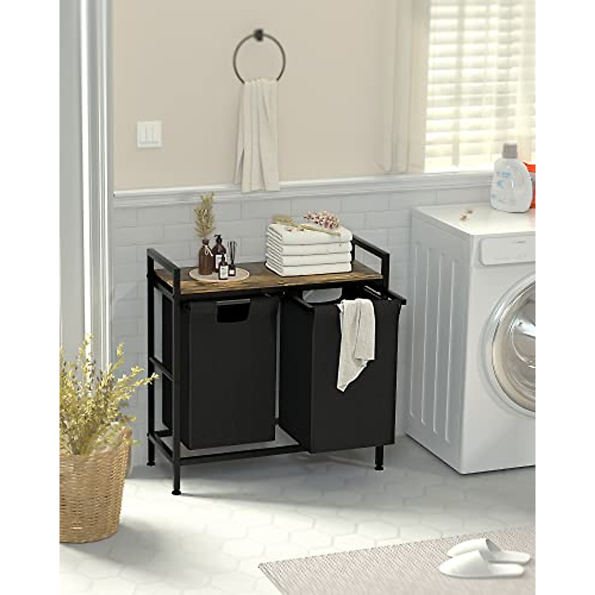 Egepon Laundry Basket, 2 * 11 Gal /42L Divided Laundry Hamper with Removable Liner Bag, Large Capacity Metal Frame Made Laundry Sorter Laundry Room Organization