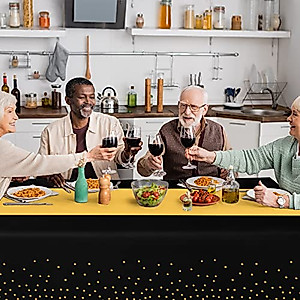 16Pack Disposable Plastic Tablecloths and Satin Table Runner Set Black Gold Dot Table Cloth Gold for Graduation Wedding Birthday Baby Shower Anniversary Holiday Party Decorations