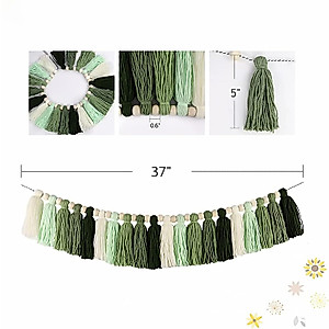 Christmas Tassel Garland with Wood Bead Jungle Leaves Garland Banner for Classroom Party Nursery Kids Bedroom Room Wall Birthday Baby Shower Wedding Decor (E)