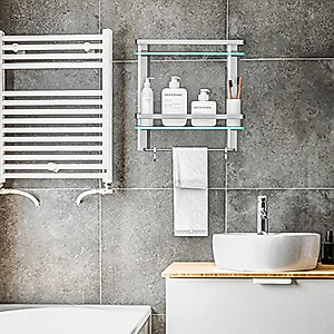 GeekDigg bathroom glass shelf with towel bar, 2 tier wall mounted tempered glass shower storage organizer with 8MM extra thick, 15.2 by 5 inches - Not Brushed Nickel