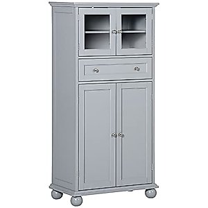 HOMCOM 52" Traditional Kitchen Pantry, Floor Storage Cabinet, Small Cupboard Organizer with Adjustable Shelves and 4-Doors for Dining Room, Living Room, Grey