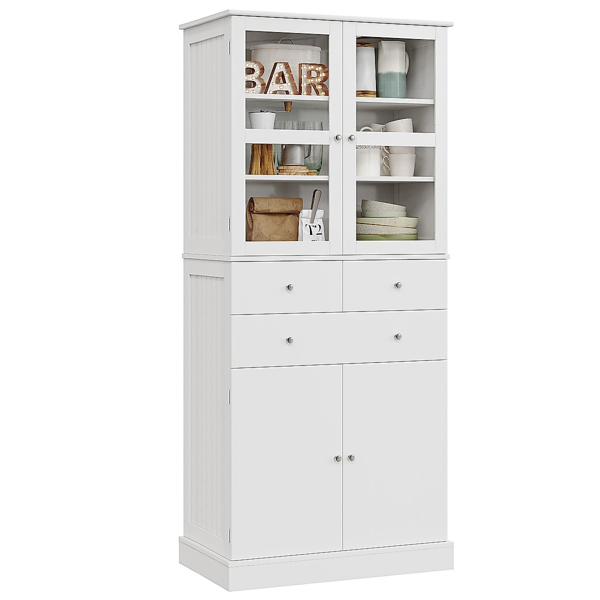 HOSTACK 71" Tall Kitchen Pantry Storage Cabinet, Freestanding Bar Cabinet with Glass Doors and Shelves, Hutch Cabinet with 2 Drawers, Cupboard for Living Room, Dining Room, White