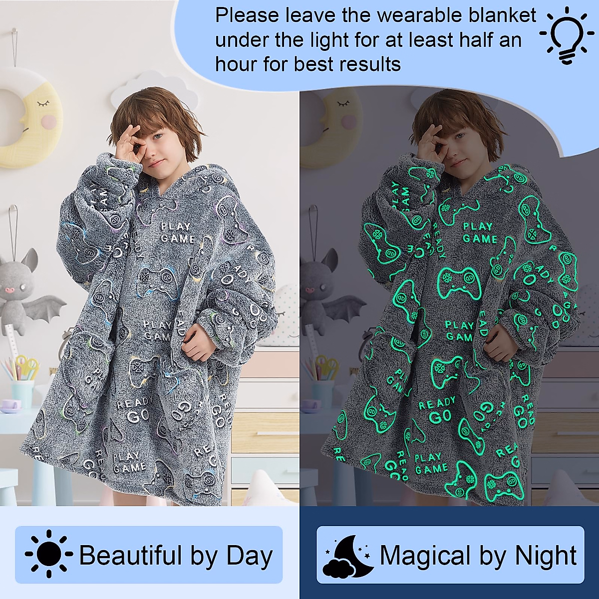 Fiosnow Glow in the Dark Game Controller Blanket Hoodies for Kids 6-13YR Oversize Wearable Blanket Hoodies for Boys Girls Teens