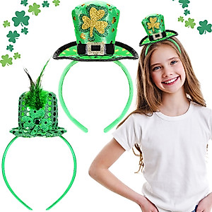2 Pieces St. Patrick's Day Top Hat Headband Irish Sequin Shamrock Green Hat Headband Saint Patty's Day Headband St Patricks Day Headwear Accessories Irish Feathered Headbands for Women and Children