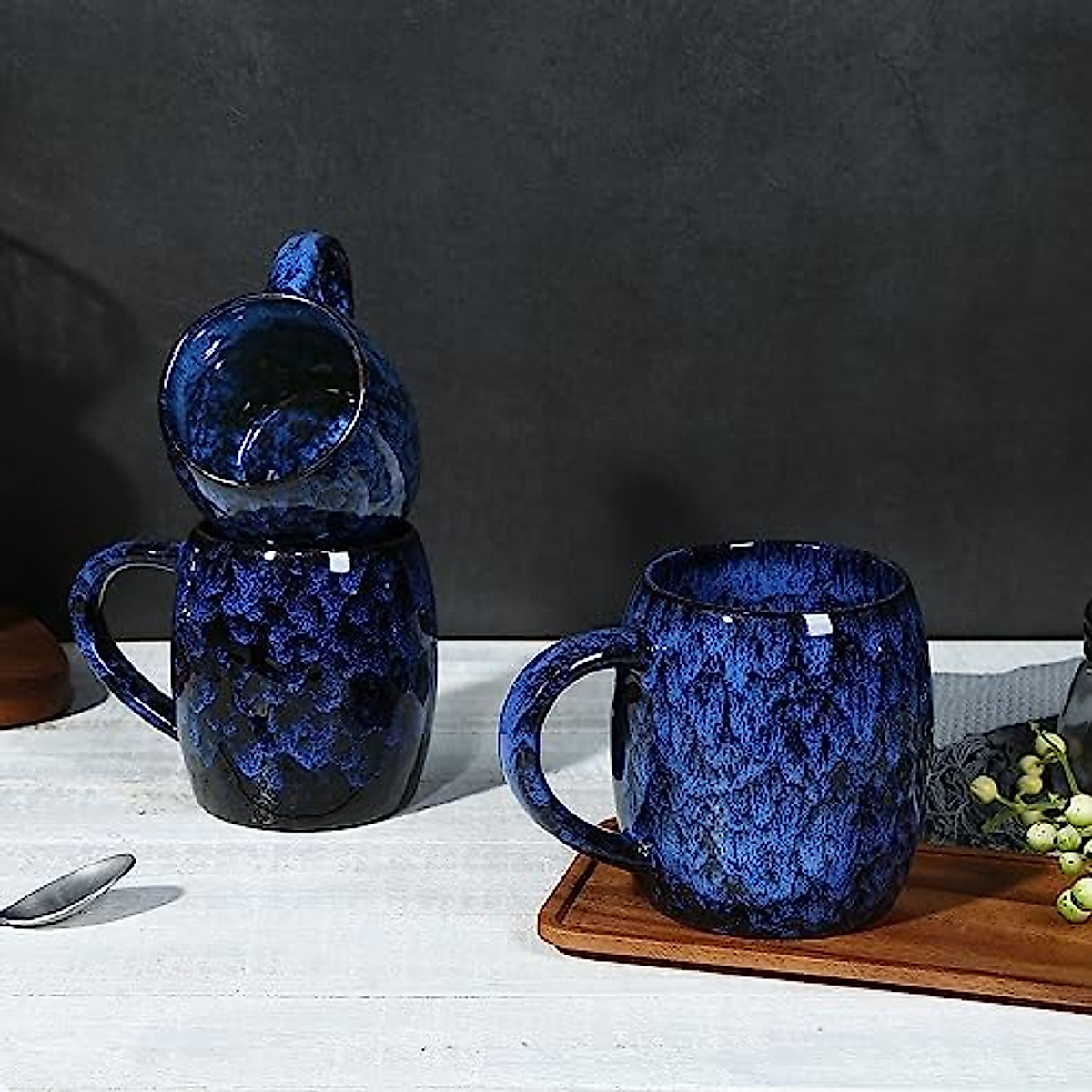 26 Oz Extra Large Ceramic Coffee Mug, Handmade Pottery Oversized Tea Cup for Office and Home, Microwave and Dishwasher Safe, Unique Texture Glaze Jumbo Mugs with Big Handle for Milk Cocoa (Deep Blue)