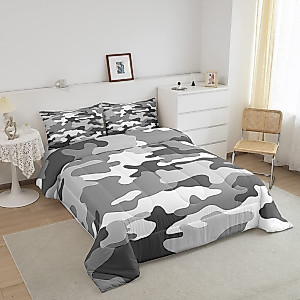 Homewish Boys Kids Camouflage Comforter Set Twin Size Black White Grey Bedding Set 2pcs for Teens Men Bedroom Decor Army Camo Abstract Quilt Set Modern Duvet Insert with 1 Pillowcase