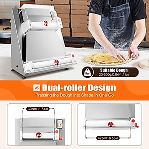 Pizza Dough Roller Sheeter, 4-16" 110V 370W Commercial Electric Automatic Pizza Press Making Rolling Machine Stainless Steel Adjustable Thickness Dough Machine for Pasta Maker Equipment