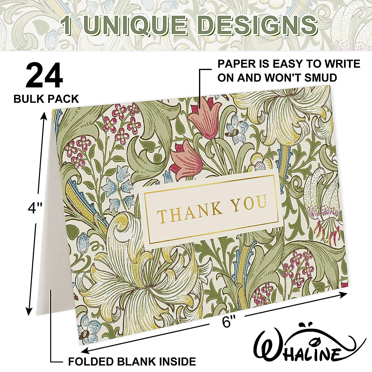 Whaline 24 Pack Plants Floral Gold Foil Thank You Cards Bulk Green Flower Greeting Cards with Envelope Sticker Vintage Blank Note Cards for Birthday Baby Shower Party Supplies, 4 x 6 Inch
