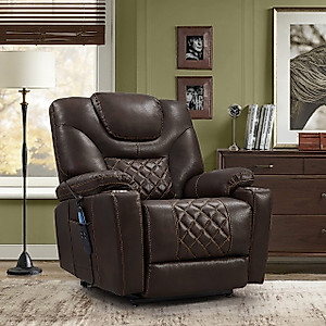 PUG258Y Lift Chair for Elderly: 9988 High Density Foam Lay Flat Heat and Massage, Reclining to 180, 2 Pockets Cup Holders, 2 Remote Controls, Dual OKIN Motors - Breathable Leather Reddish Brown
