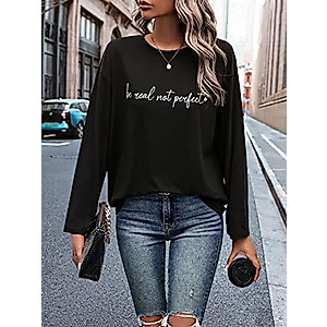 SweatyRocks Women's Crewneck Letter Graphic Loose Long Sleeve T-Shirts Spring Simple Casual Comfy Tee Tops Shirts Black XL