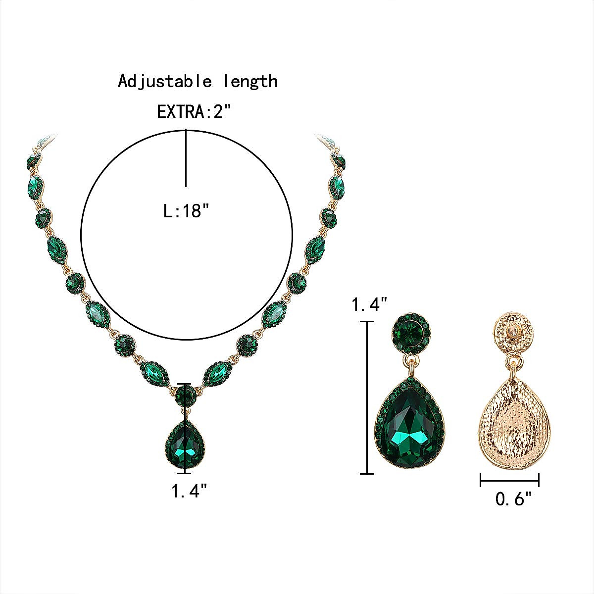 EleQueen Women's Wedding Bridal Jewelry Set for Brides Bridesmaids, Crystal Teardrop Necklace Dangle Earrings Jewellery for Party Prom Emerald Color