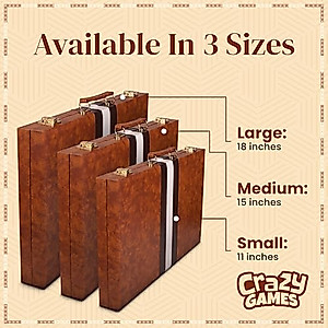 Backgammon Set 15 inch, Medium - Classic Board Game for Adults and Kids with Premium Leather Case - Includes Strategy & Tip Guide (Brown)