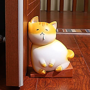 HyJeryty Cat Bookends for Kids, Lovely Resin Cartoon Cat Bookends Door Stopper, Cool Bookends for Heavy Books, Unique Book Holders with Anti-Slip Base (Big Orange)