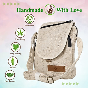 Crossbody Bag Purse Made From Hemp - Fold Unisex Hippie Tote Handmade shoulder bag for Travel, fits wallet, phone, passport (Natural Khaki)