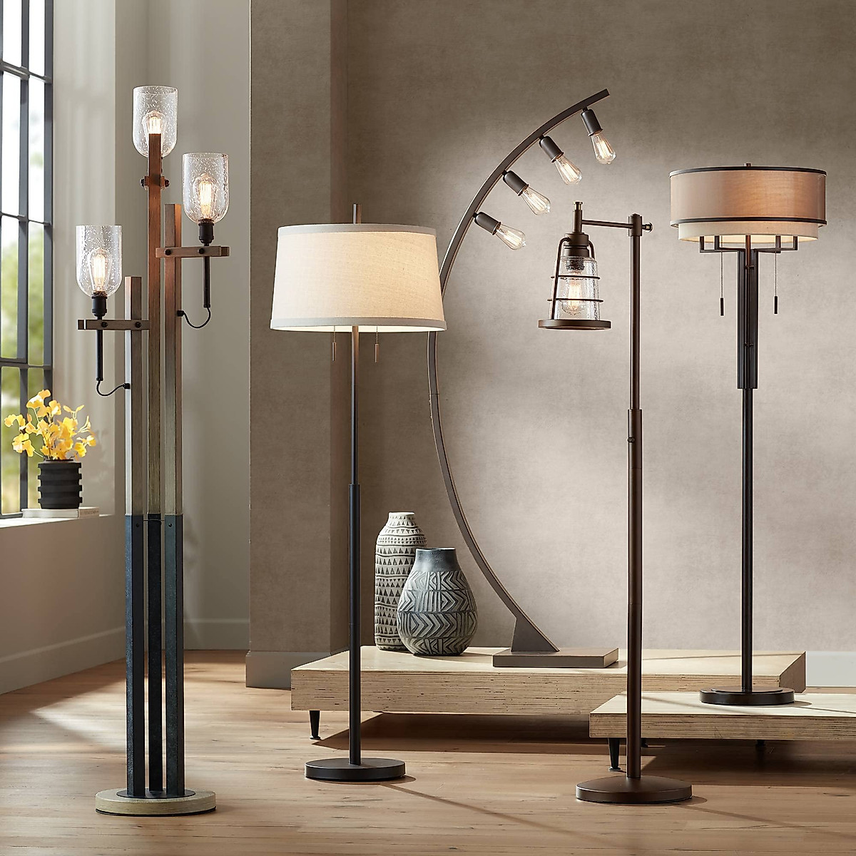 Possini Euro Design Nayla Modern Floor Lamp Standing 62.5" Tall Bronze Steel Slender Column Off White Fabric Tapered Drum Shade Decor for Living Room Reading House Bedroom Home