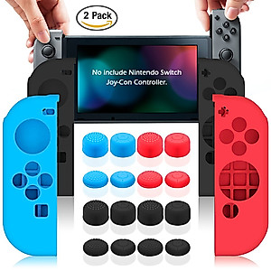 Protective Case Compatible with Nintendo Switch Joy-Con Controller with Thumb Caps, SENHAI 2 Pack Anti-Slip Silicone Grips Covers with 16 Thumb Stick Pads - Black, Blue + Red