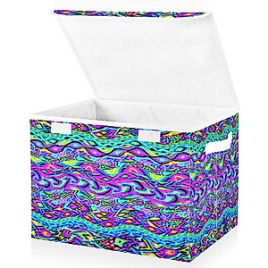 DIGTIA Storage Bins with Lids Trippy Tribal Pattern Foldable Storage Boxes with Handles Purple Ethnic Colorful Large Storage Basket Collapsible Organizer Containers for Closet Home Bedroom Office