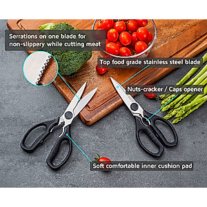 Multifunction Kitchen Scissors 2-Piece Set WELLSTAR, Heavy Duty Food Shears for Chicken Meat Vegetable Fish Herb Poultry Stainless Steel Cooking Scissors with Comfortable Handle Scissors Set (Black)