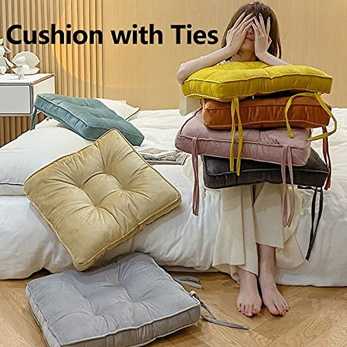 ZIBENE Set of 4 Dining Chair Cushions with Ties Soft Comfort Non Slip Square, Velvet Seat Cushions for Kitchen Chairs Washable, High Elastic Peal Cotton Extra Thick Filling Andti-Deformation Brown