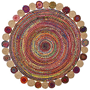 SAFAVIEH Cape Cod Collection 3' Round Red / Multi CAP201A Handmade Boho Braided Jute & Cotton Area Rug