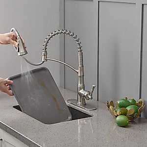 Bathfinesse Kitchen Sink Faucet Brushed Nickel with Pull Down Sprayer 3 Mode Commercial Faucet for Kitchen Sink Solid Brass Single Handle High Arc Pull Out RV Bar,Deck Plate Include