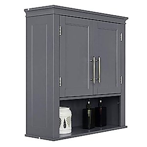 Knocbel Bathroom Wall Storage Cabinet, Over The Toilet Medicine Cabinet, Space Saving Double Doors Cupboard with Adjustable Shelves & Metal Handles, 23.23" L x 8.07" W x 24.81" H (Gray)