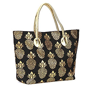 Chandy Metal Gold Pineapple Printed Canvas Beach Tote Bag With Leather Handle (Black), Large