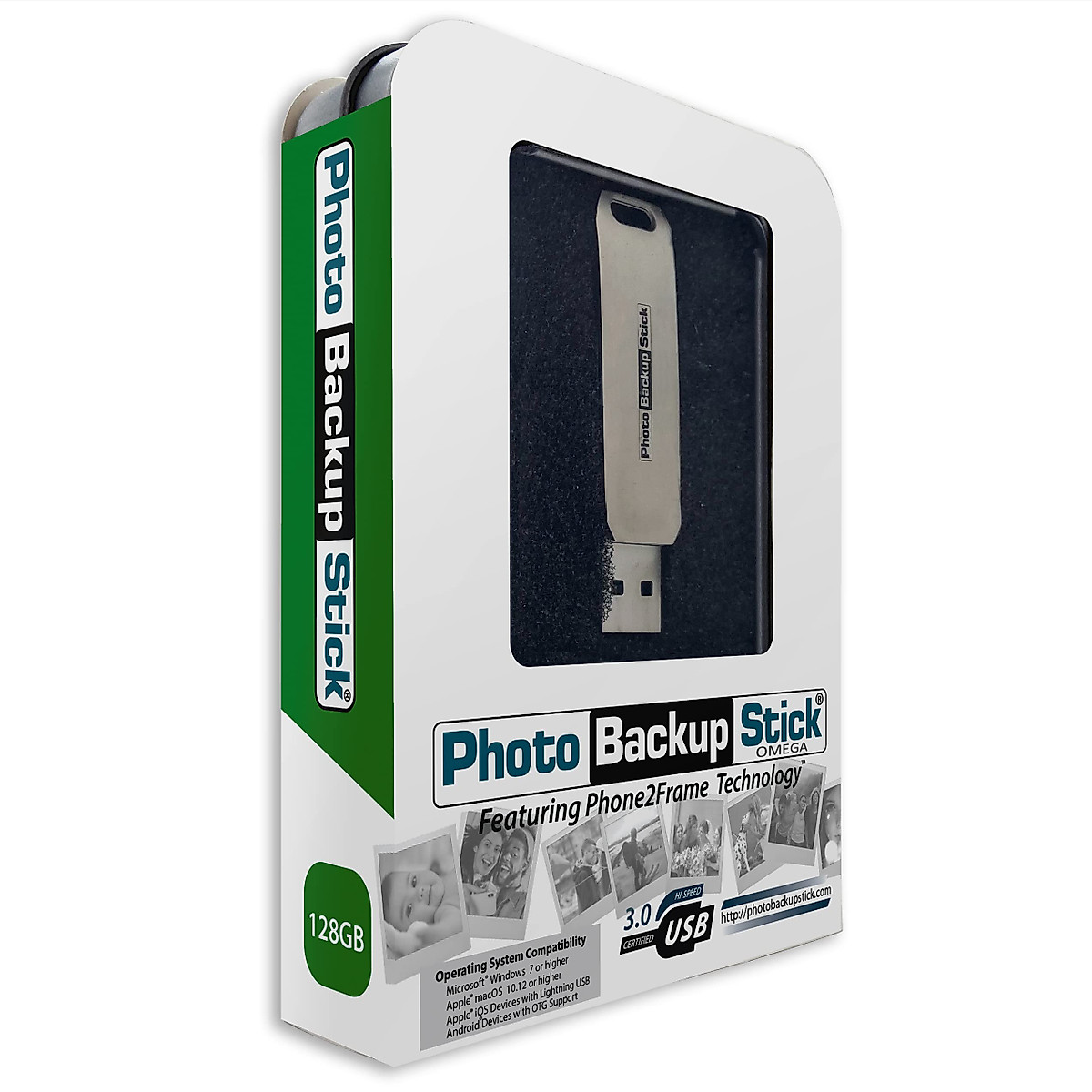 Photo Backup Stick Omega Universal Picture and Video Backup for Any Device - iPhone, Android, Computer, Tablets (128GB)
