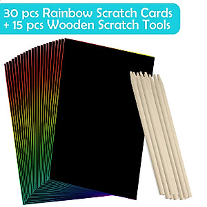 VHALE 30 Scratch Paper Art for Kids, Magic Scratch It Off Paper Craft, Rainbow Drawing Scratchboard Sketch Pad Notepad, Great Travel Toys, Party Favors, with Wooden Stylus