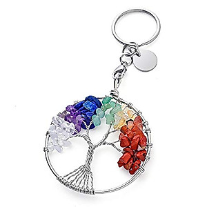 MANIFO 7 Chakra Keyring Healing Crystal Tree of Life Keychain Gemstone Key Chain Charm for Women
