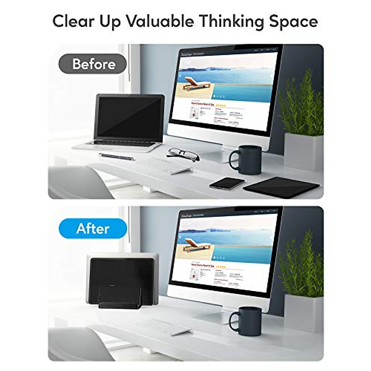 AboveTEK Vertical Laptop Stand 3 Slots for Computer, Tablet, Phone - Fits All Laptop Models (up to 17.3") - Heavy Duty Polished Aluminum Desktop Holder - Anti Slide Silicone Grips - Black