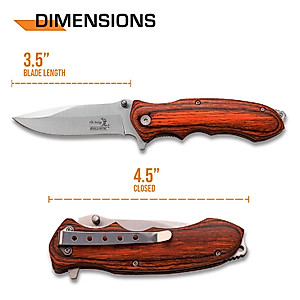 Elk Ridge - Outdoors Spring Assisted Folding Knife - 4.5-in Closed, 3.5-in Satin Finish Stainless Steel Blade, Brown Wood Handle, Pocket Clip, Hunting, Camping, Survival, EDC - ER-A160SW