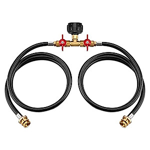 WADEO 5 FT Propane Splitter Hose, Propane Y Splitter 2 Way with Shut Off Valve, Propane Hose Adapter 1lb Portable Appliance to QCC1/Type1 20lb Propane Tank for Gas Grill, Heater, Fire Pit, 350PSI