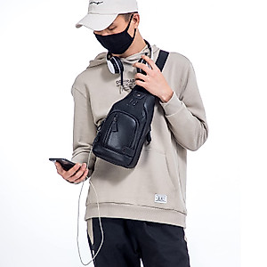 LUKZIJAES Genuine Leather Sling Bag for Men Crossbody Shoulder Chest Pack Hiking Casual Daypack Outdoor Travel Backpack (#1-Black)