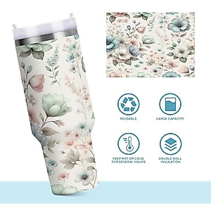 Jihqo Pure Flowers 40 oz Stainless Steel Vacuum Insulated Tumbler with Handle and Straw Lid, Leakproof Water Bottle Double Wall Travel Mug Coffee Cup, Cupholder Friendly