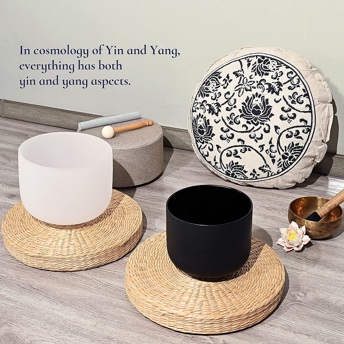 Couple of 2 PCS Yin and Yang Crystal Singing Bowl Set 8 Inch Black and 10 Inch White Mutual Attraction Bowls