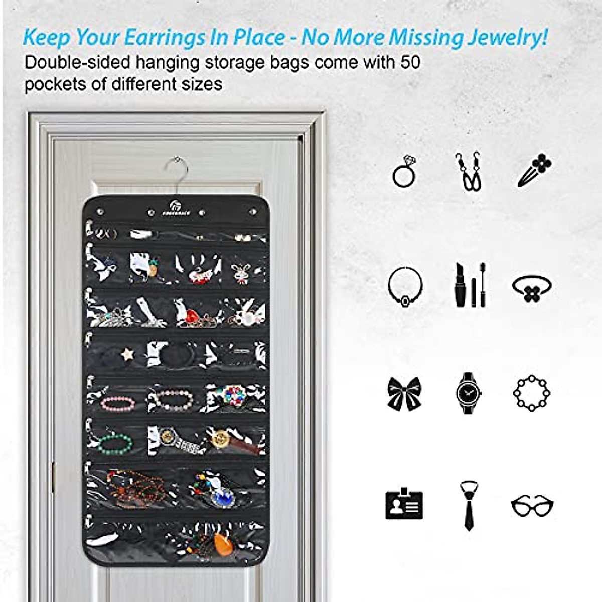 Freegrace Hanging Jewelry Organizer Revolving Hanger - Secure Zipper Closure - 50 Pockets - Foldable Storage & Display Solution - For All Jewelry & Bijoux (Black)