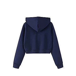 SweatyRocks Women's Long Sleeve Drawstring Full Zip Hooded Jacket Crop Sweatshirt Navy Blue L